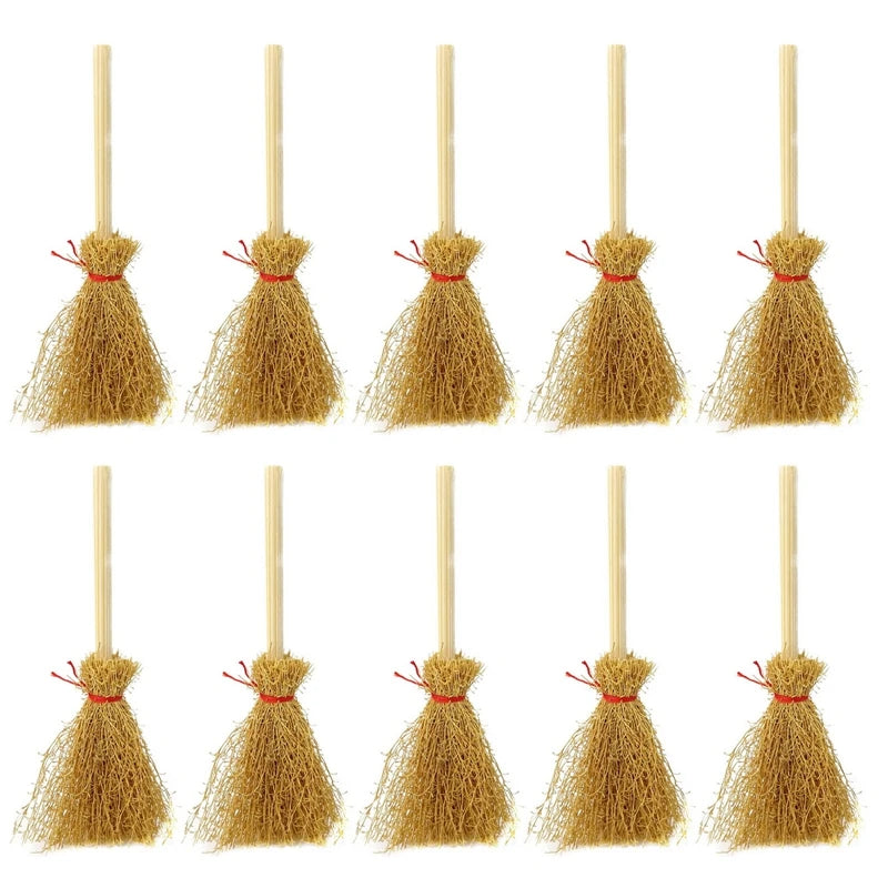 10PCS Mini Broom Witch Straw Brooms DIY Hanging Ornaments for Hallowee ...