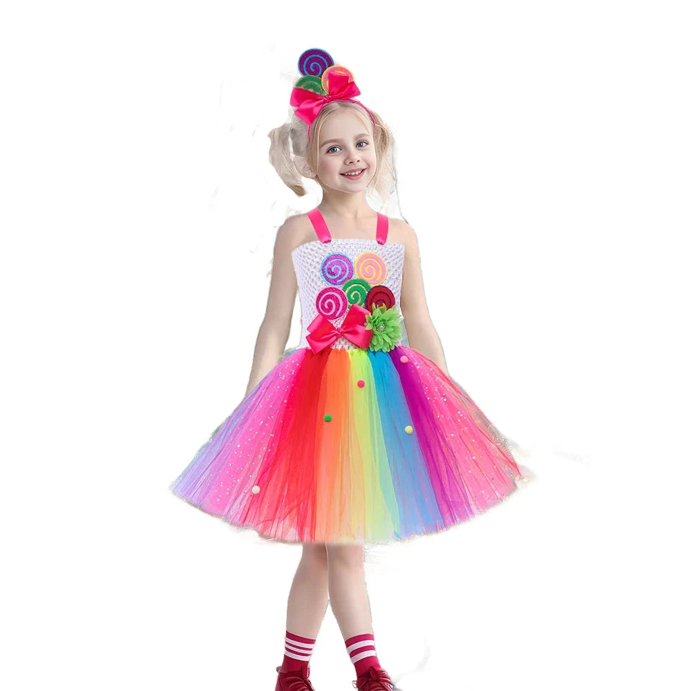 Sweet Rainbow Girls Tutu Dress Candyland Kids Cosplay Lolipop Costume ...